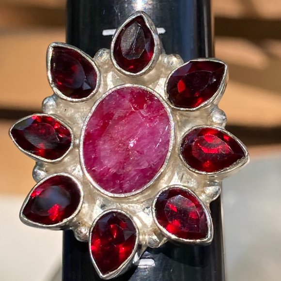 Unk | Jewelry | Sterling Silver Floral Ring With Pinkish And Red Glass ...